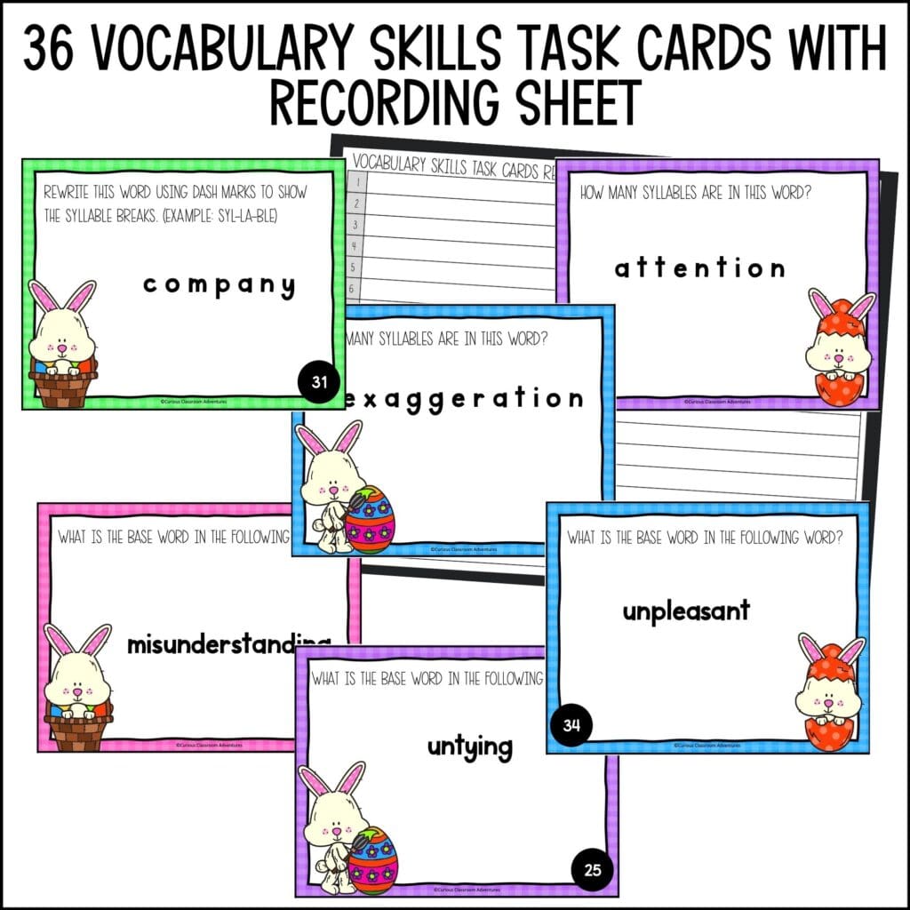 Easter Vocabulary Skills Task Cards - Roots, Base Words, Syllables ...