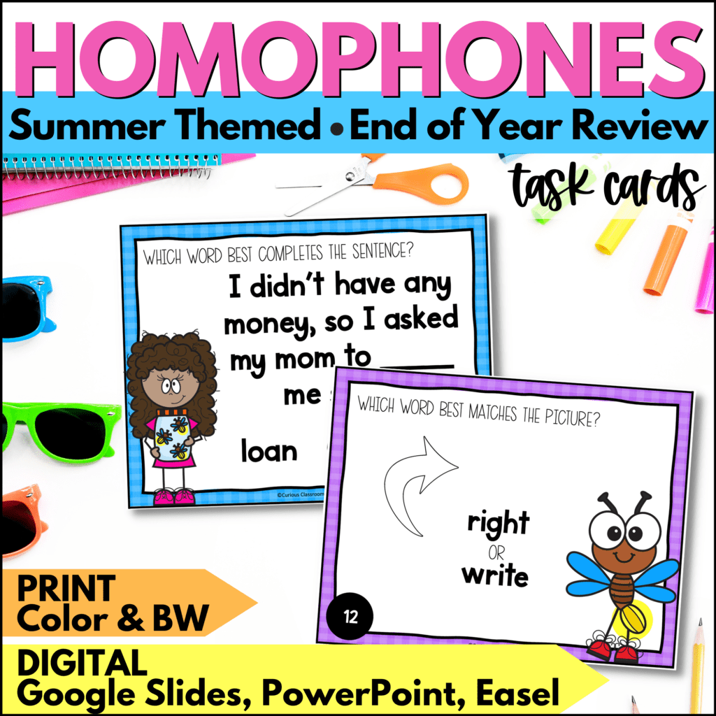 End of Year Homophones Task Cards Activities for Summer Vocabulary ...