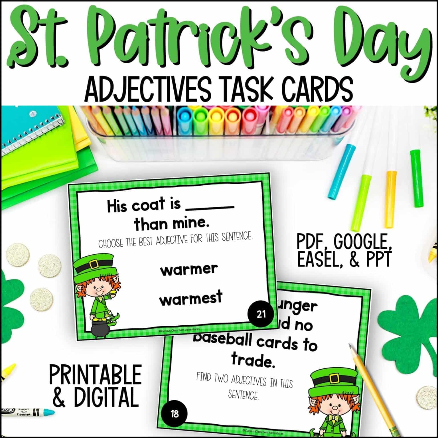 St. Patrick's Day Adjectives Task Cards - Curious Classroom Adventures