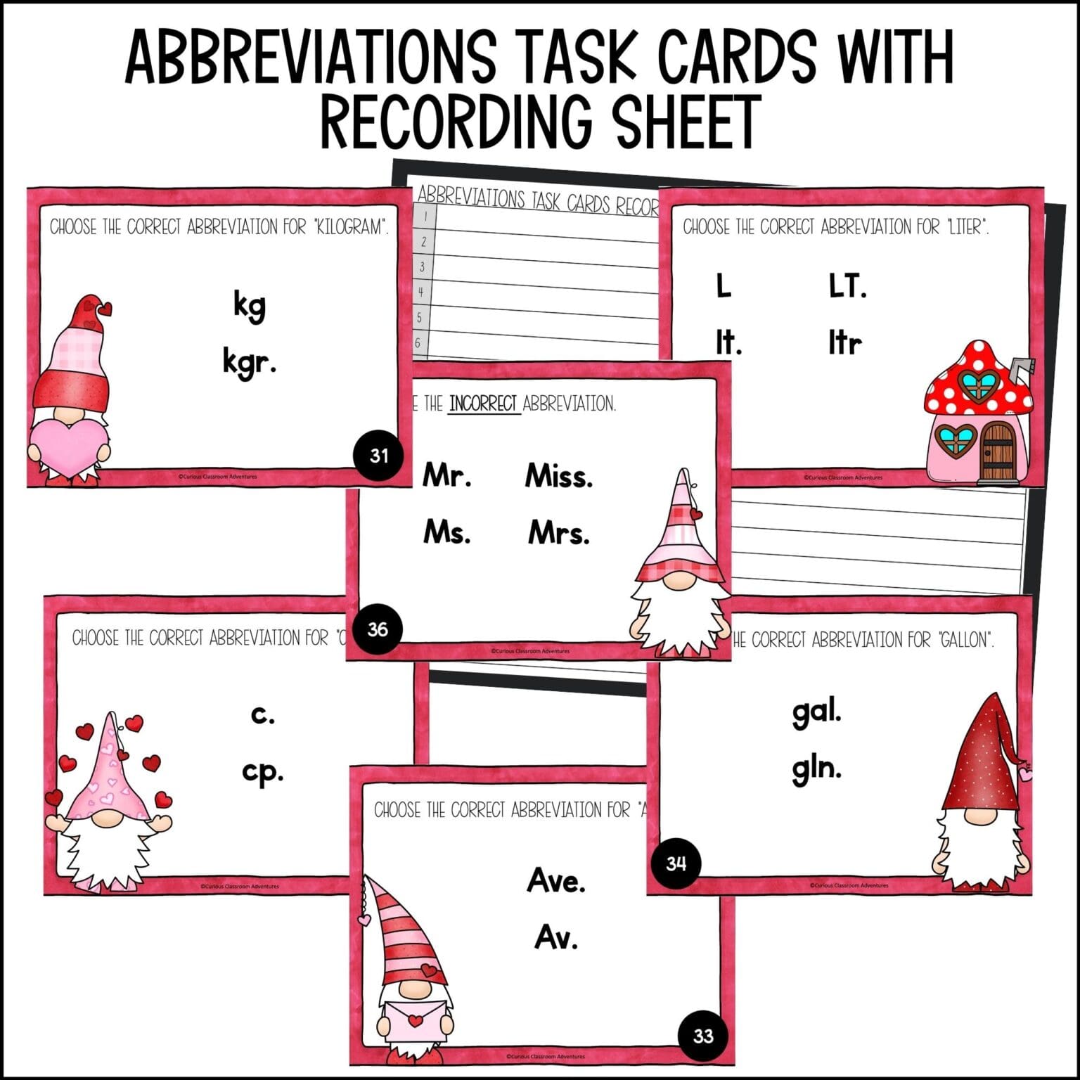 Valentine's Day Abbreviations Task Cards - Curious Classroom Adventures