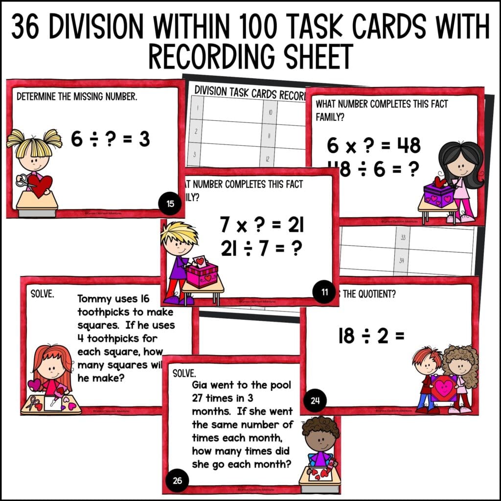 Valentine's Day Division Facts Task Cards - Curious Classroom Adventures