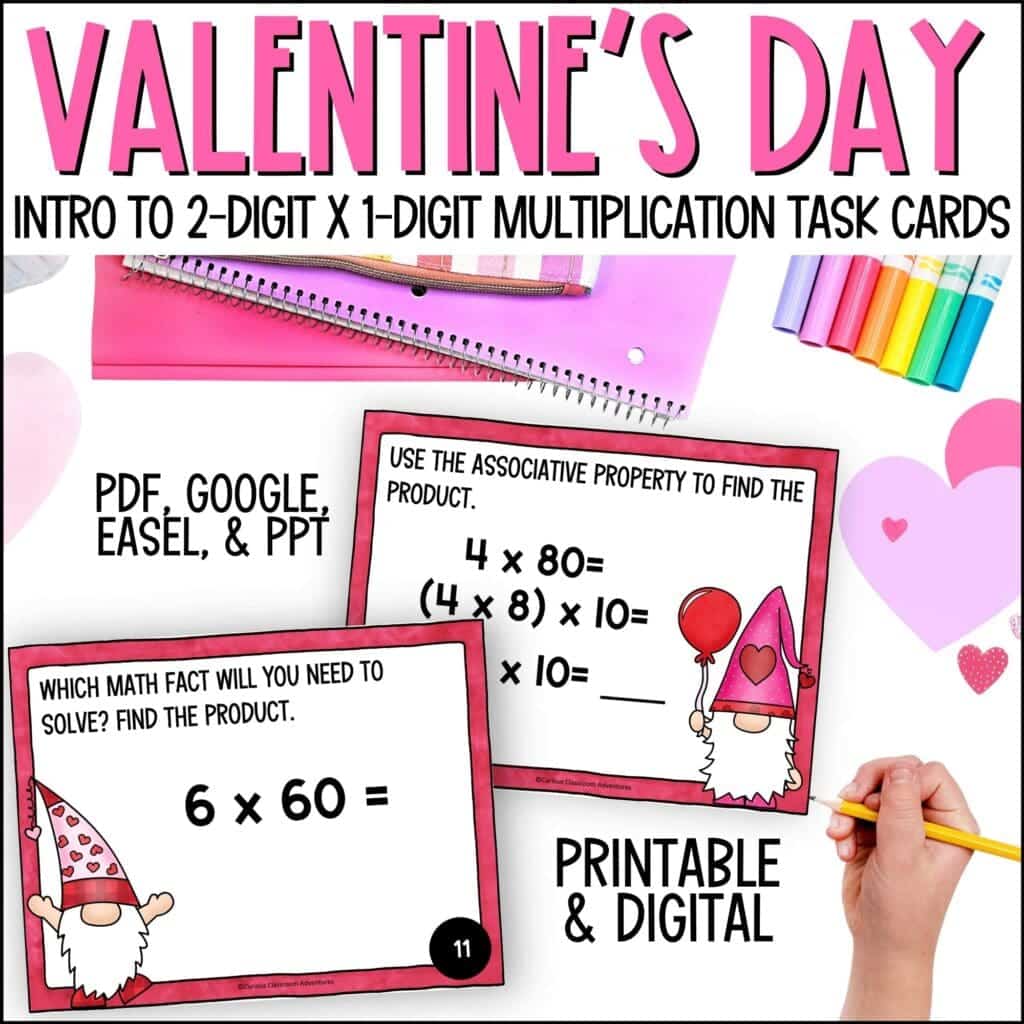 Valentine's Day Intro to 2-Digit by 1-Digit Multiplication Task Cards ...