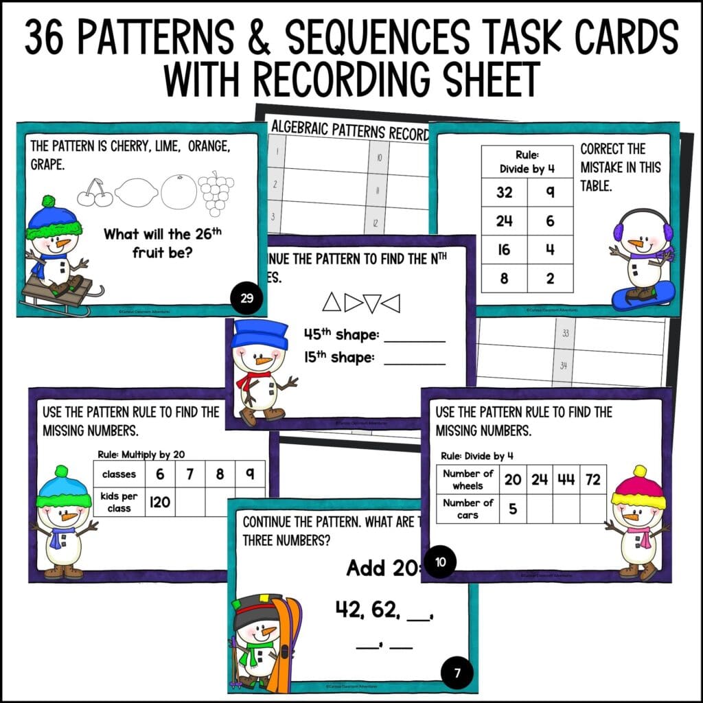 Winter Algebraic Patterns Task Cards - Curious Classroom Adventures