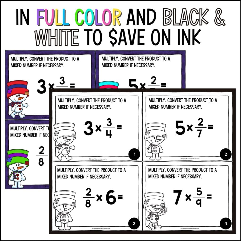 Winter Multiplying Fractions and Mixed Numbers Task Cards - Curious ...