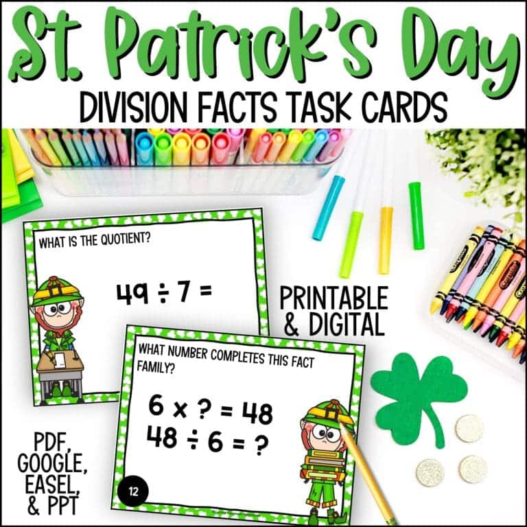 St. Patrick's Day Division Facts Task Cards - Curious Classroom Adventures